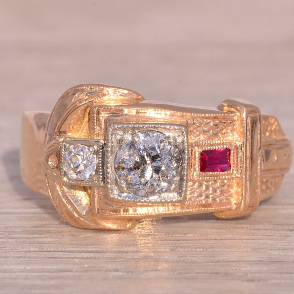 Old Mine Cut Natural Diamond And Ruby Buckle Ring In … - Gem